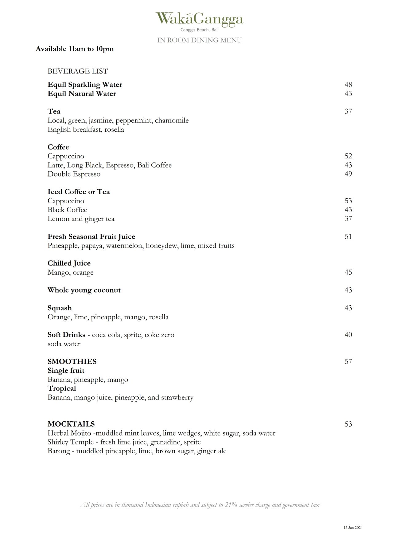 In Room Beverage Menu - WakaGangga Boutique Resort - Waka Hotel & Resorts