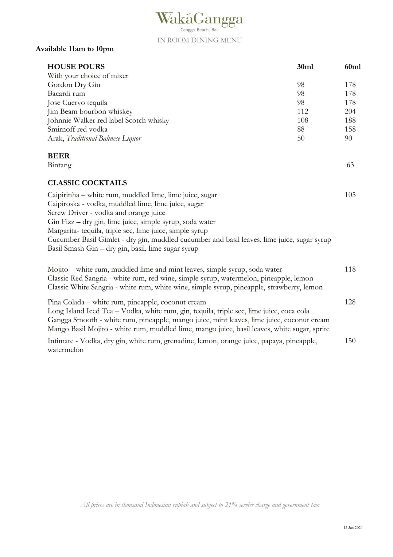 In Room Beverage Menu - WakaGangga Boutique Resort - Waka Hotel & Resorts