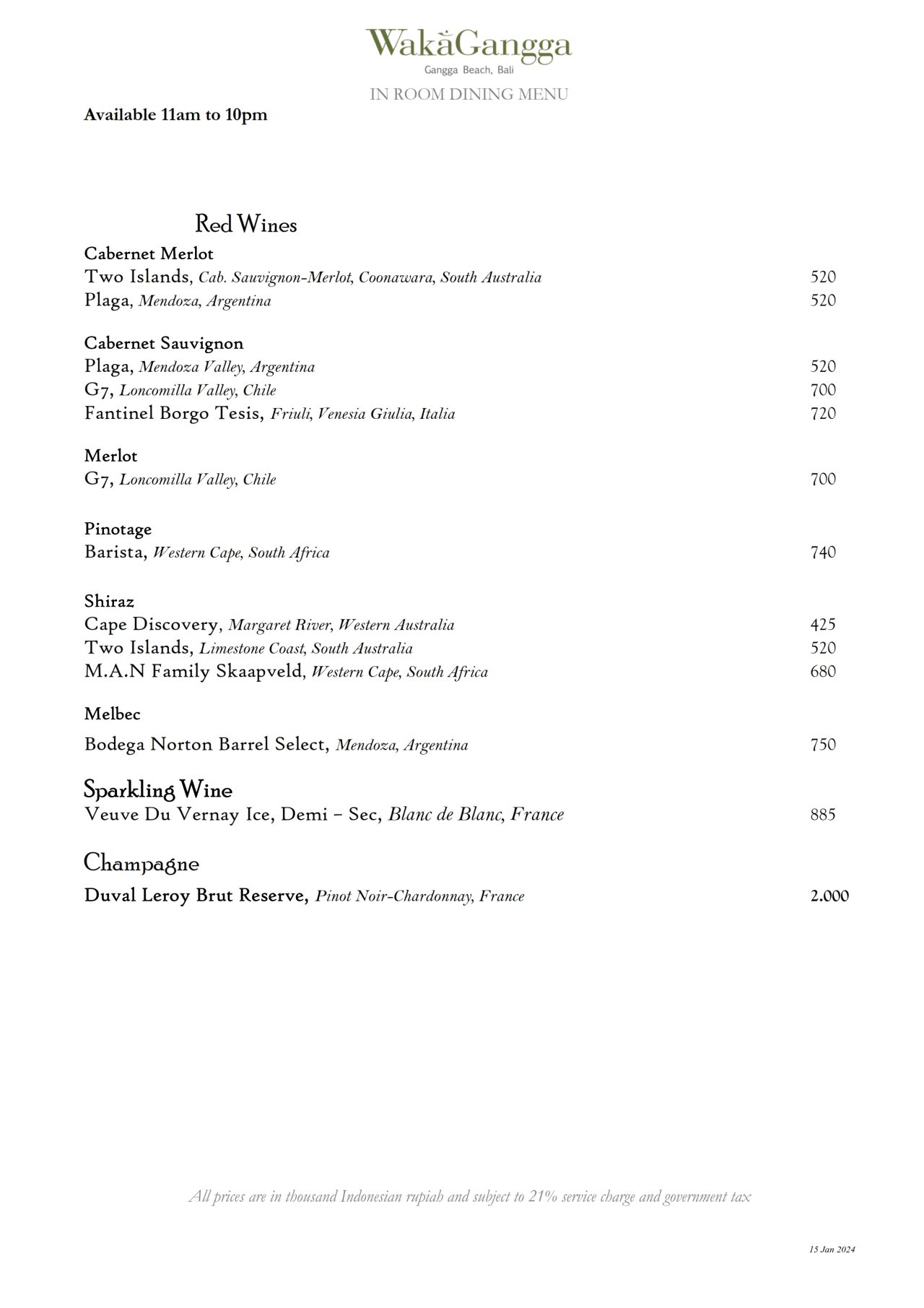In Room Wine Selection Menu - WakaGangga Boutique Resort - Waka Hotel ...